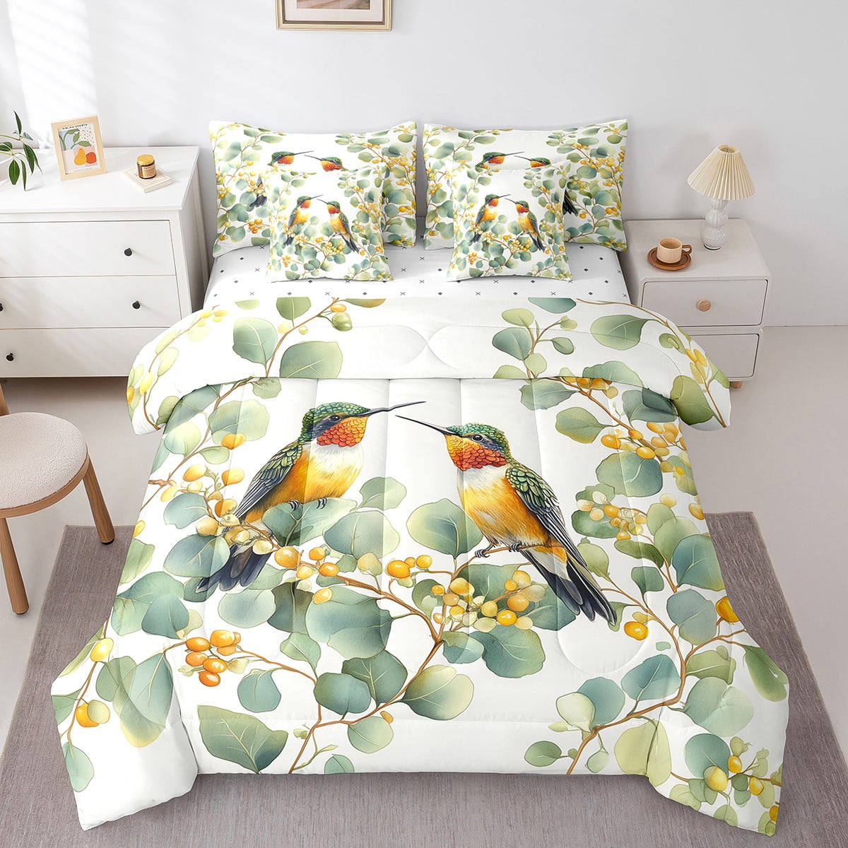 7 Piece Hummingbird Queen Bed in a Bag with Sheets,Botanical Plant ...