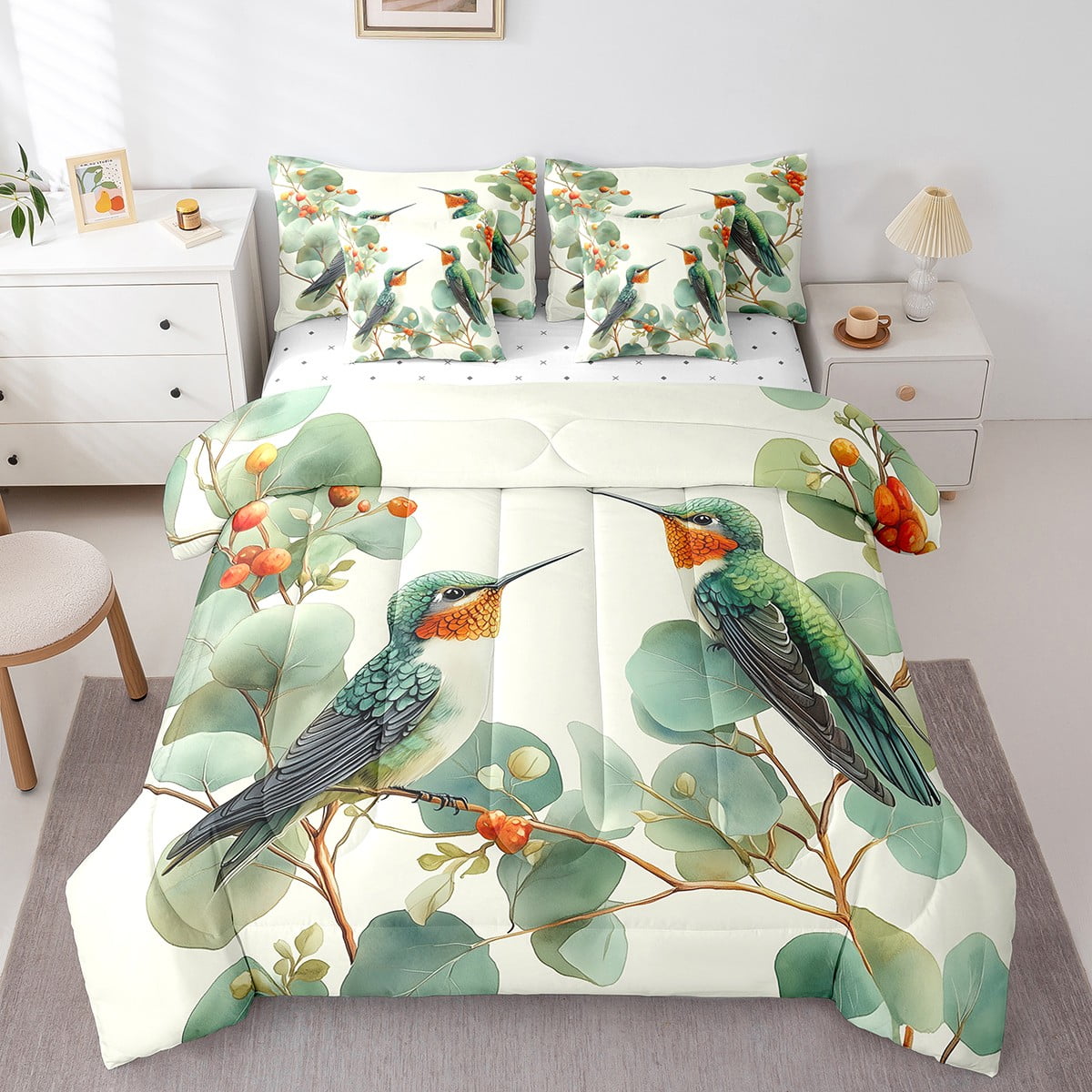 7 Piece Hummingbird Twin Bedding Set,Botanical Plant Green Leaf Bed in ...