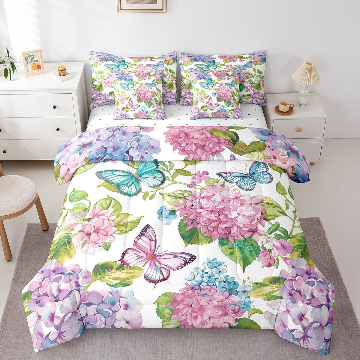 Erosebridal 7 Piece Hydrangea Bed Set King Size Pink Purple Floral Bed ...