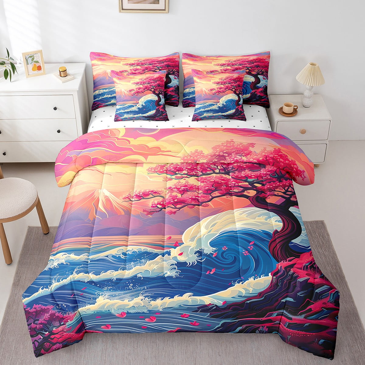 YST 7 Piece Japanese Style King Comforter Set with Sheets,Pink Cherry ...