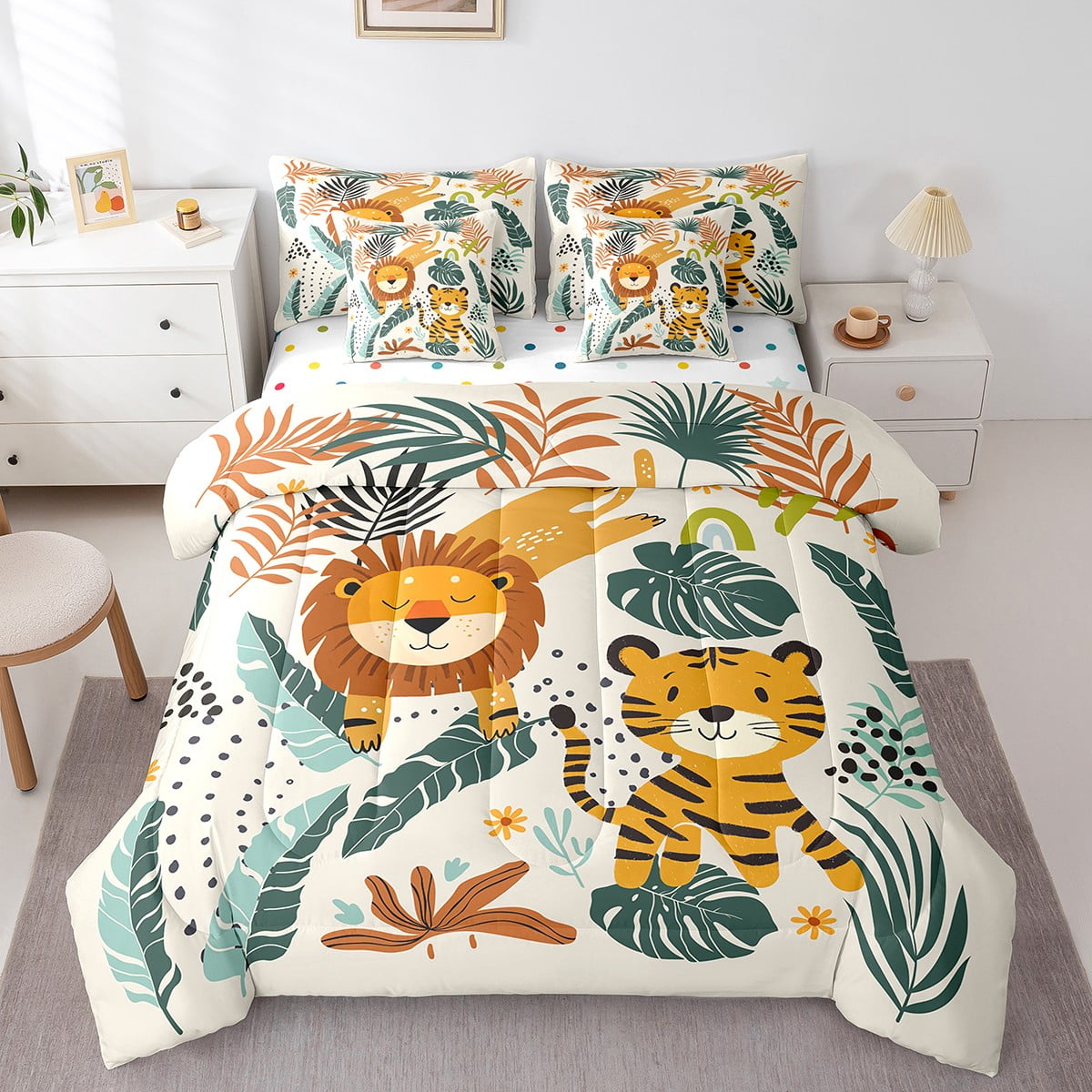 YST 7 Piece Jungle Animals Bedding Set Cartoon Tiger Lion Bed In A Bag ...