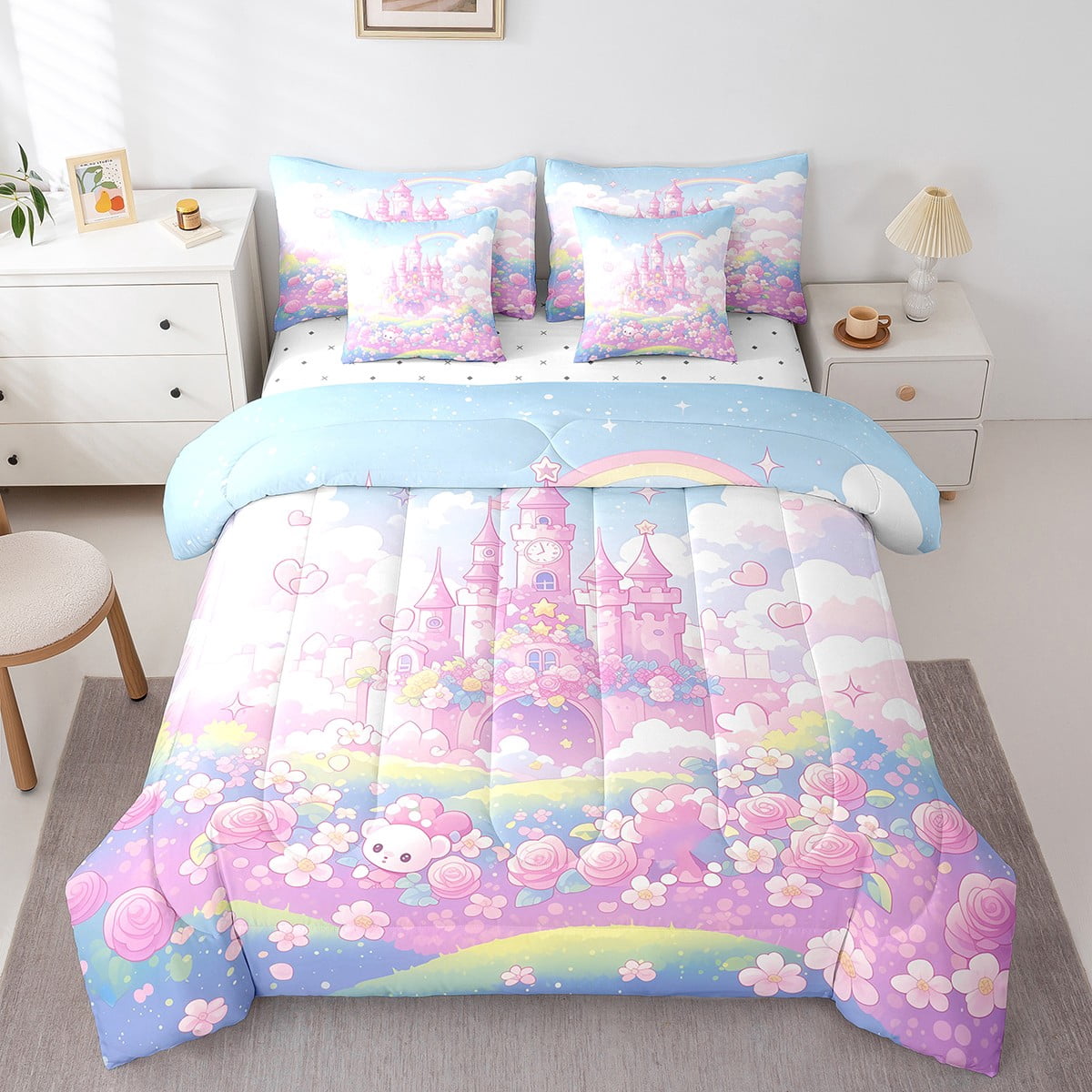YST 7 Piece Kids Castle Bed In A Bag King Cartoon Magic Castle Bed Set ...