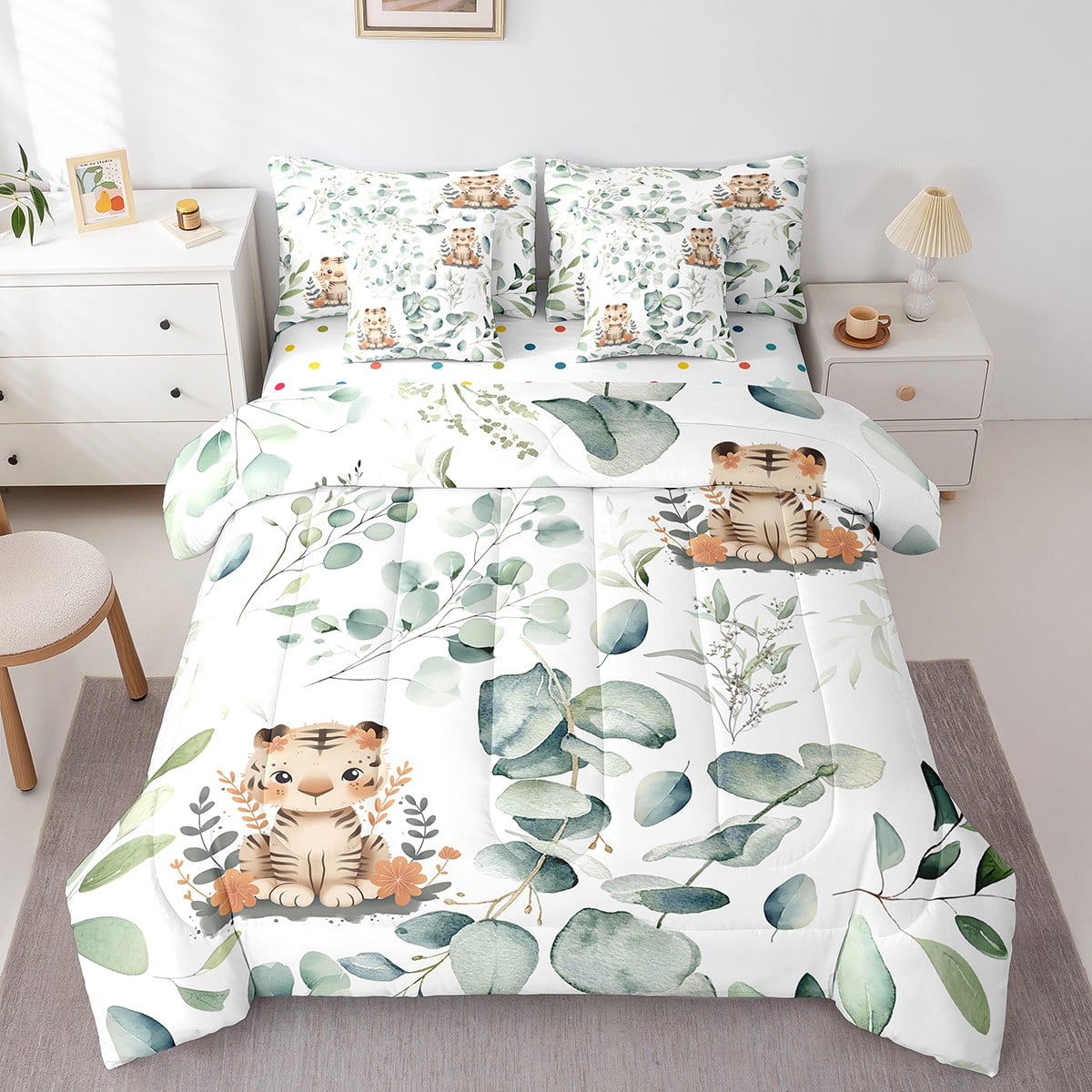 YST 7-Piece Kids Cute Animal Bedding Twin for Girls Boys Cartoon Tiger ...