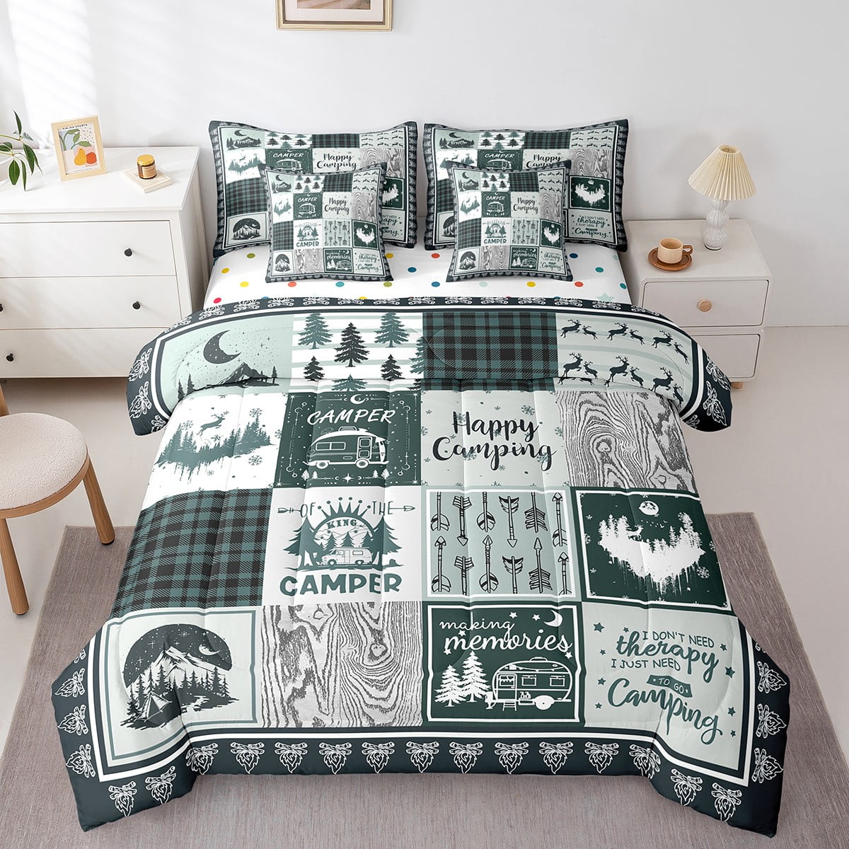 YST 7 Piece Kids Happy Camping Queen Comforter Set,Rv Camper Bedding Set with Sheets for Travel ...