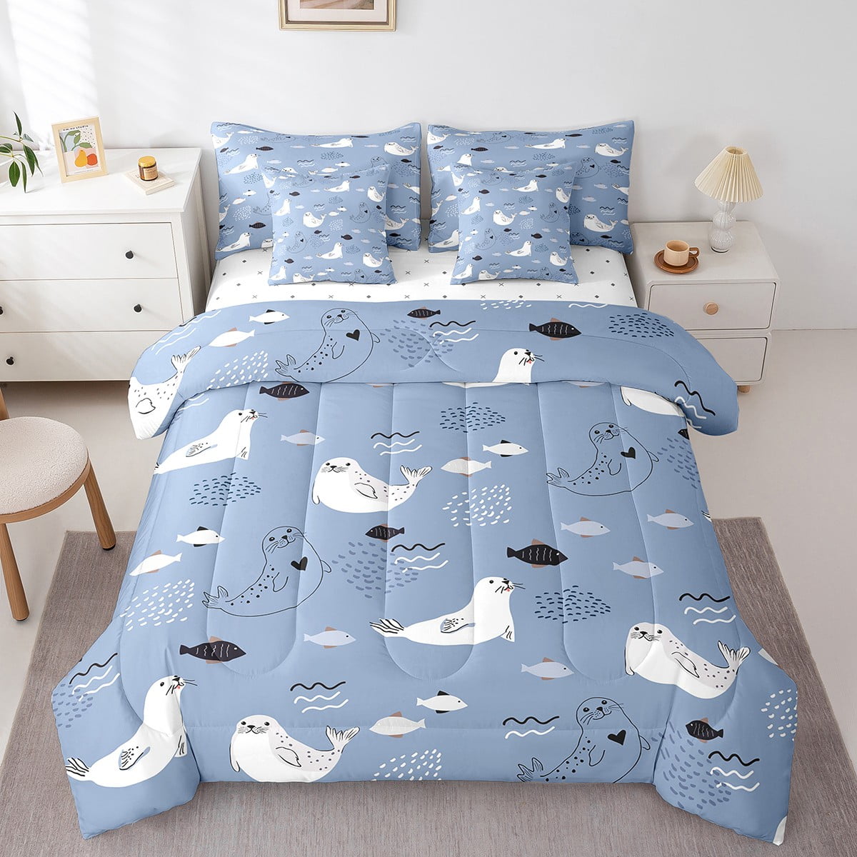 YST 7 Piece Kids Ocean Animal Bedding Set Sea Lions Bed In A Bag Cute ...