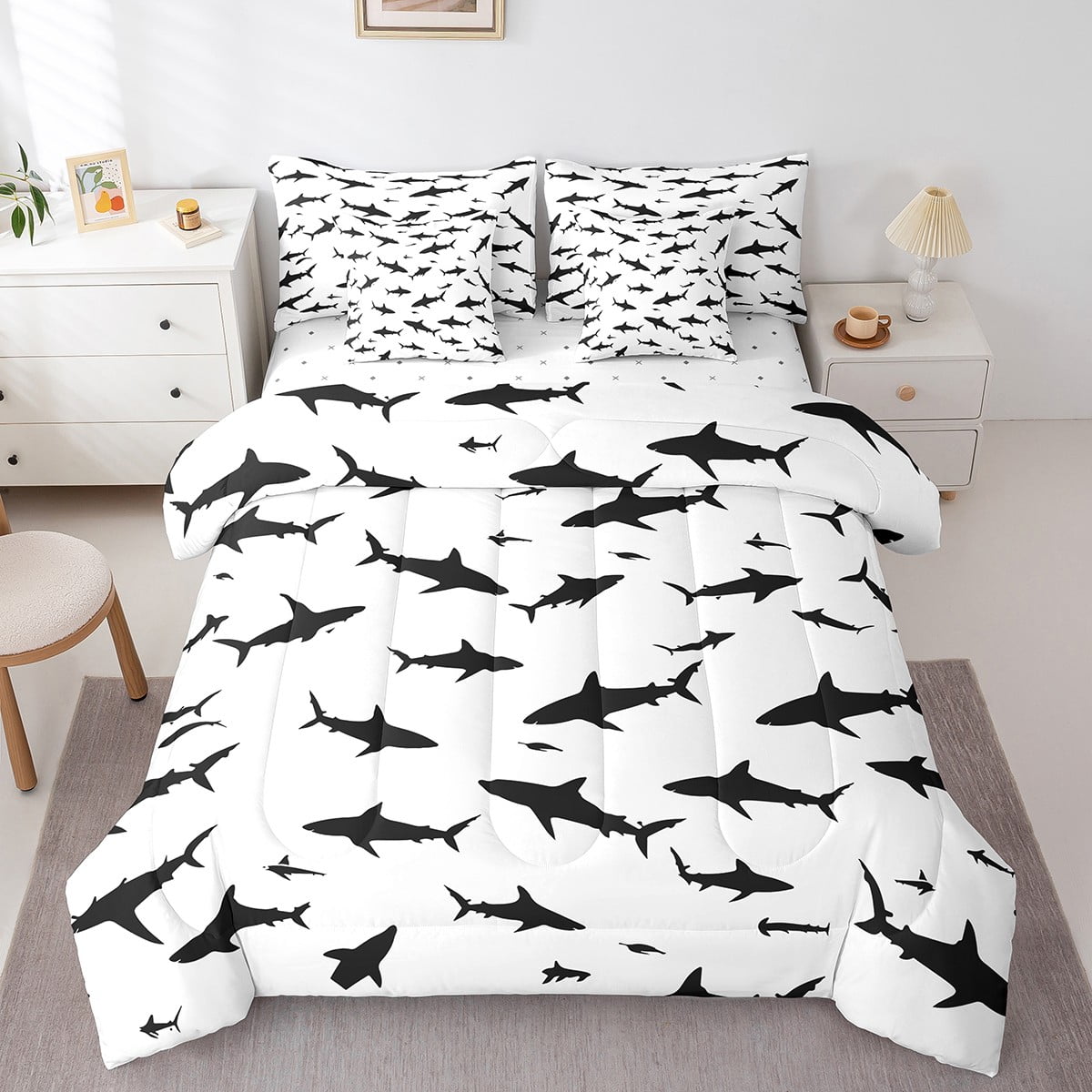 YST 7 Piece Kids Shark Bed In A Bag King Size Hunting Shark Bedding Set ...