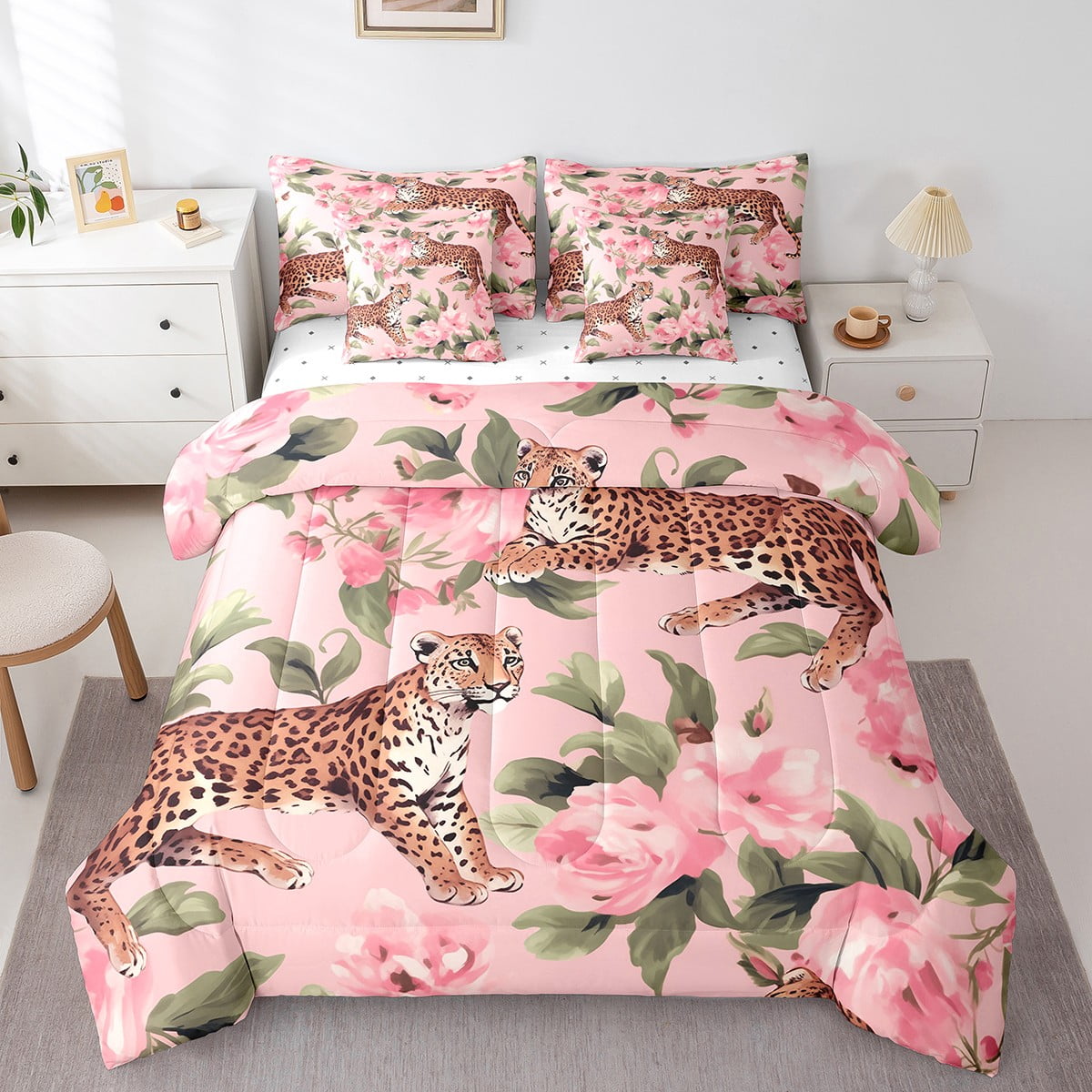 7 Piece Leopard Comforter Set Twin Pink Flowers Leopard Print Bed in a ...