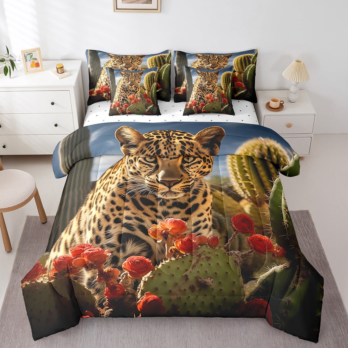 7 Piece Leopard Comforter Set Twin Tropical Cactus Floral Bed in a Bag ...