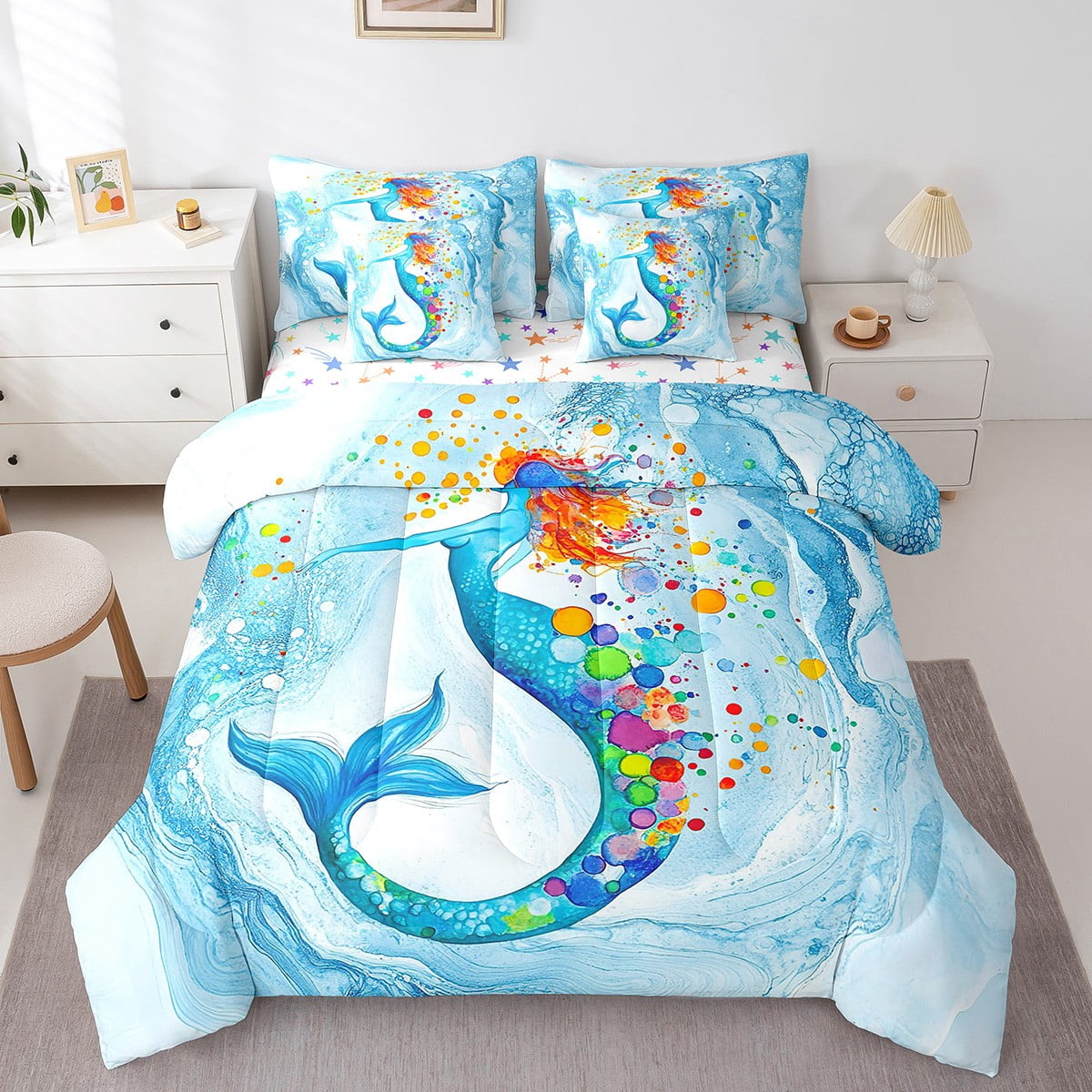 7 Piece Mermaid Tail Twin Size Comforter Set,Blue Marble Bed In A Bag ...