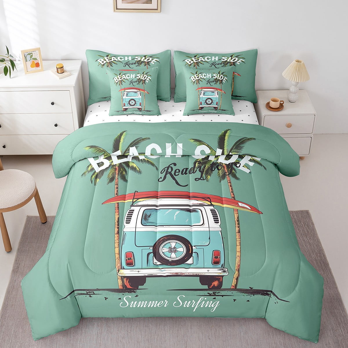 YST 7 Piece Ocean Beach Surf Twin Bedding Set,Coastal Palm Tree Surfing ...