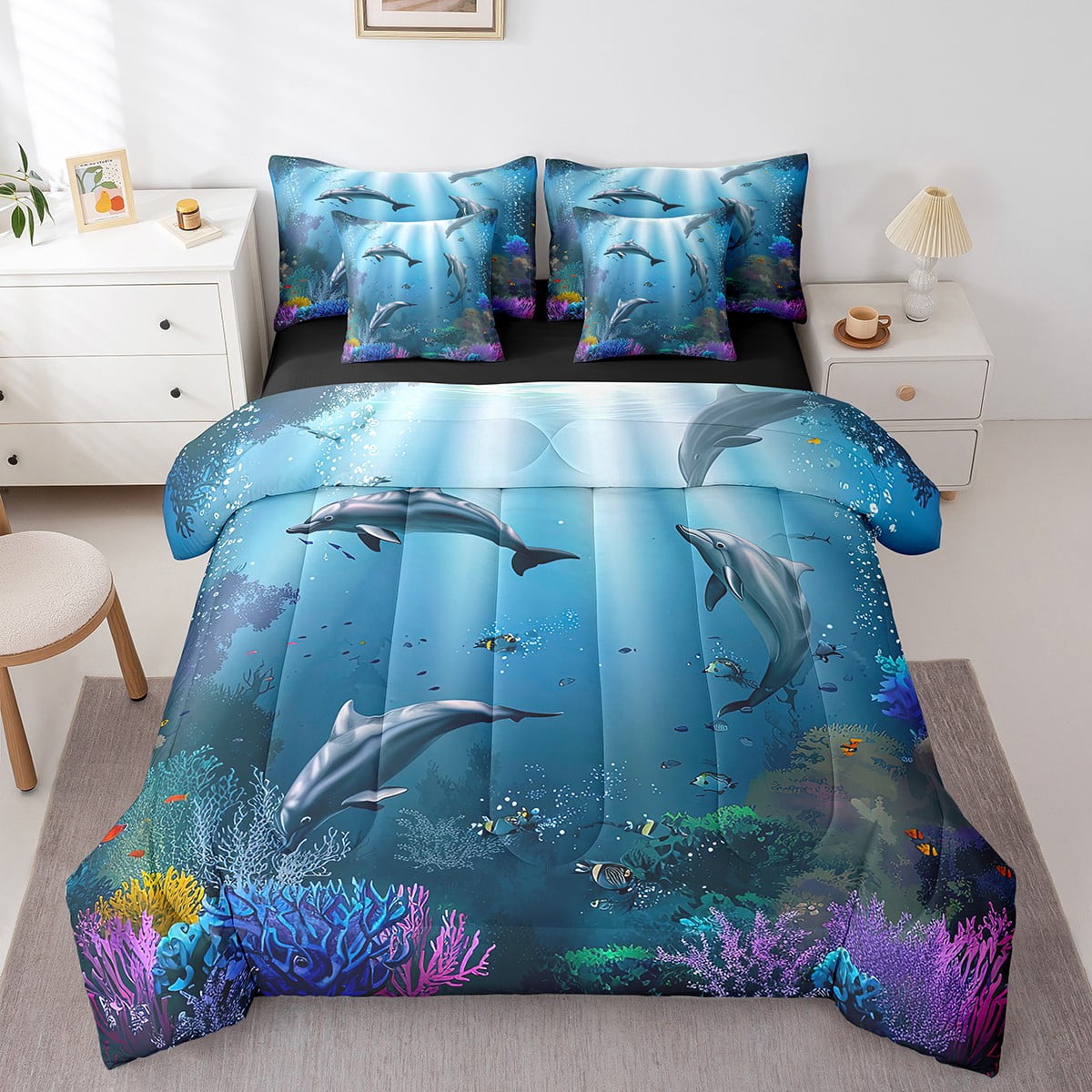 7 Piece Ocean Dolphin Comforter Set Full Size,Coastal Coral Reef Bed In ...