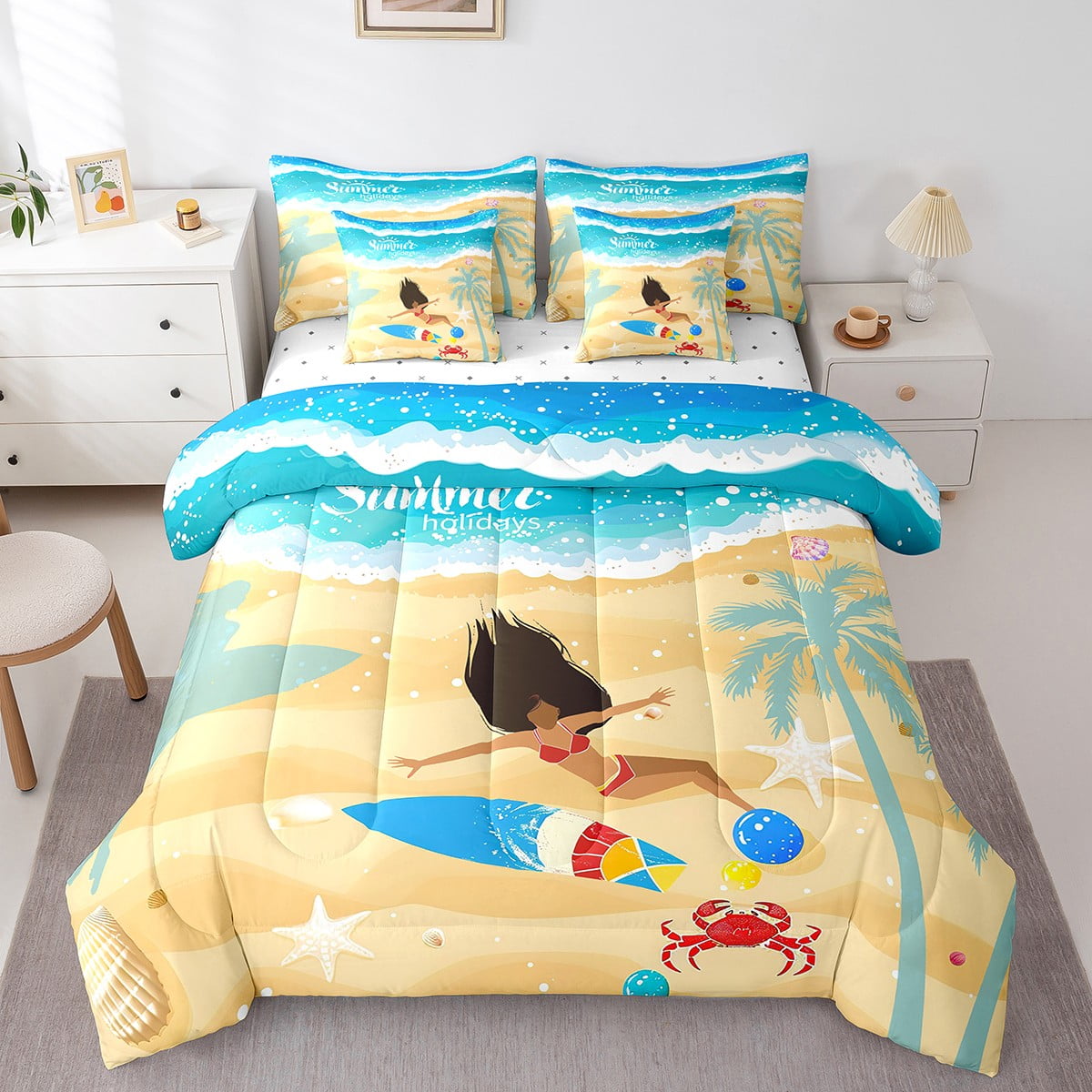 YST 7 Piece Ocean Surf Girl Bedding Set Twin Size,Coastal Beach Theme ...