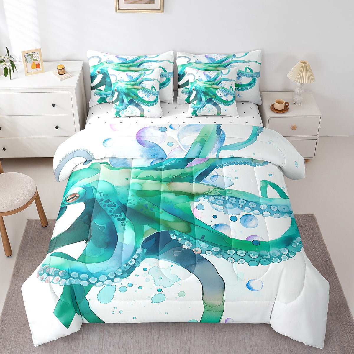 7-Piece Octopus Comforter Set Bed in a Bag Sea Animal Watercolor Style ...