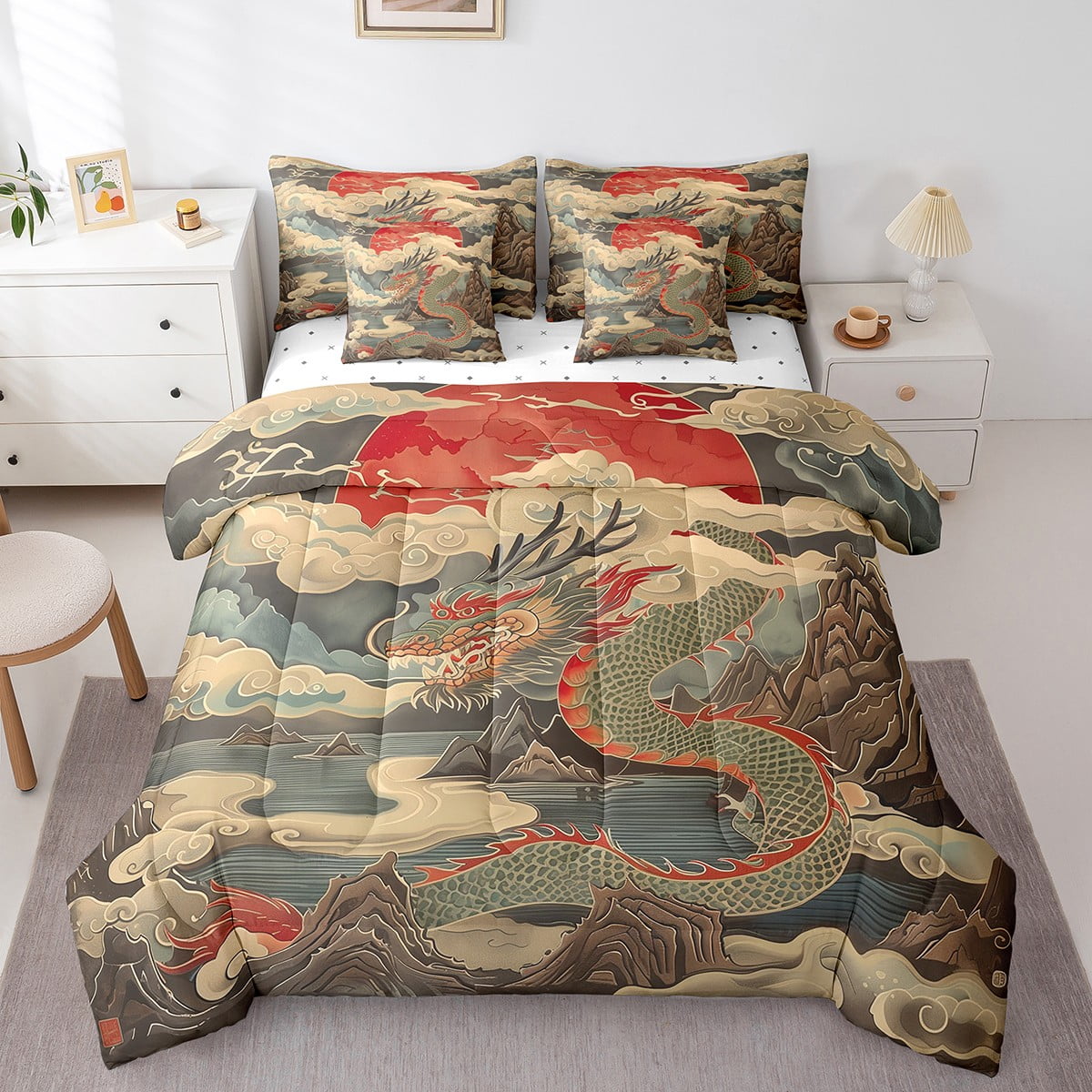 YST 7-Piece Oriental Dragon Bedding Queen Size Japanese Style Comforter ...