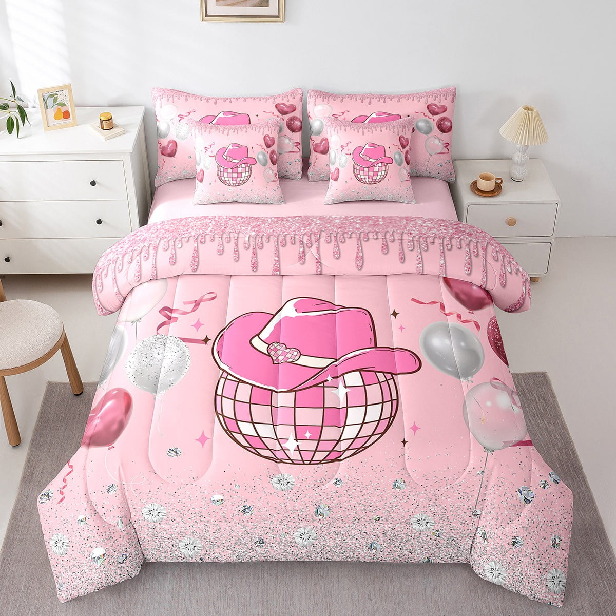 YST 7 Piece Pink Birthday Decorations Bedding King For Girls Disco ...