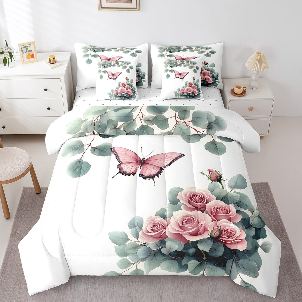 YST 7 Piece Pink Rose Floral King Bed in a Bag,Butterfly Flower Leaf ...