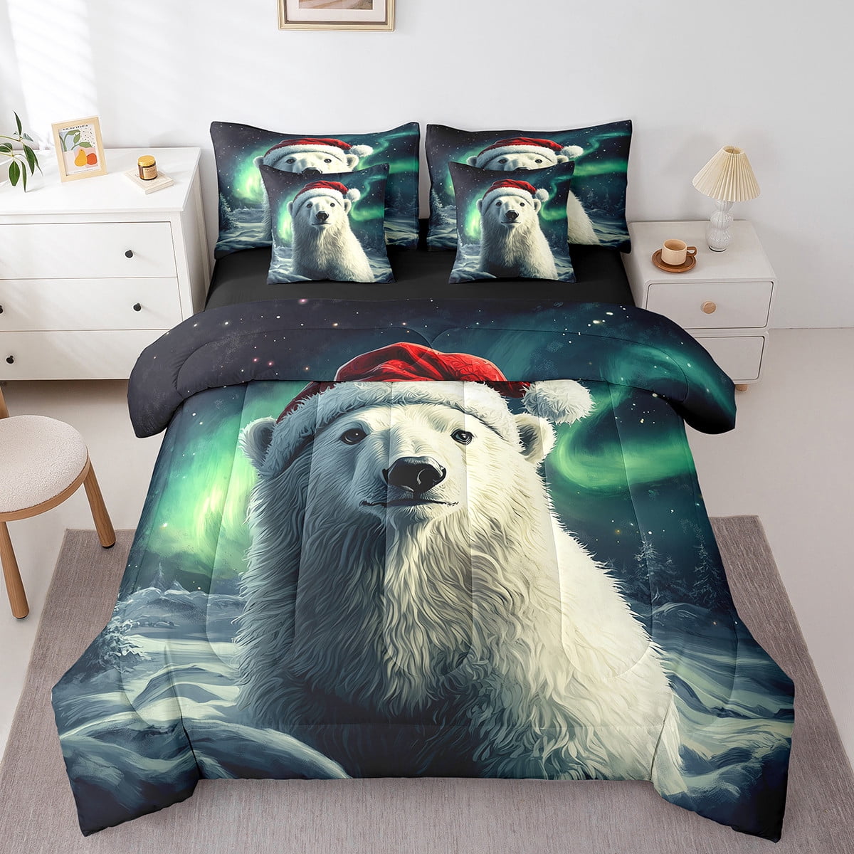 7 Piece Polar Bear with Santa Hats Bedding Set Twin Comforter Set ...