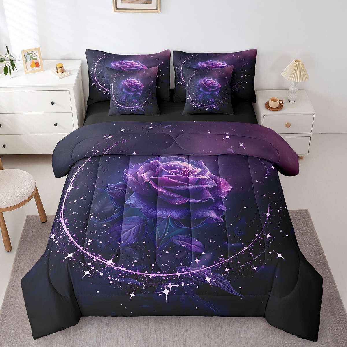 7 Piece Purple Rose Comforter Set Queen with Sheets,Romantic Flower ...