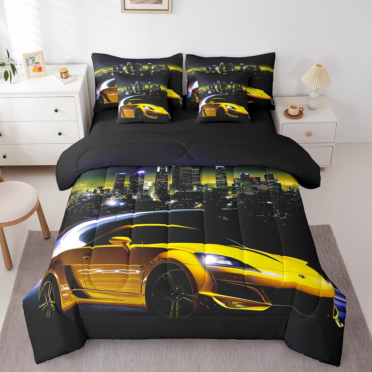 7 Piece Race Car Full Bedding Set Yellow Sports Car Bed In A Bag Teen ...
