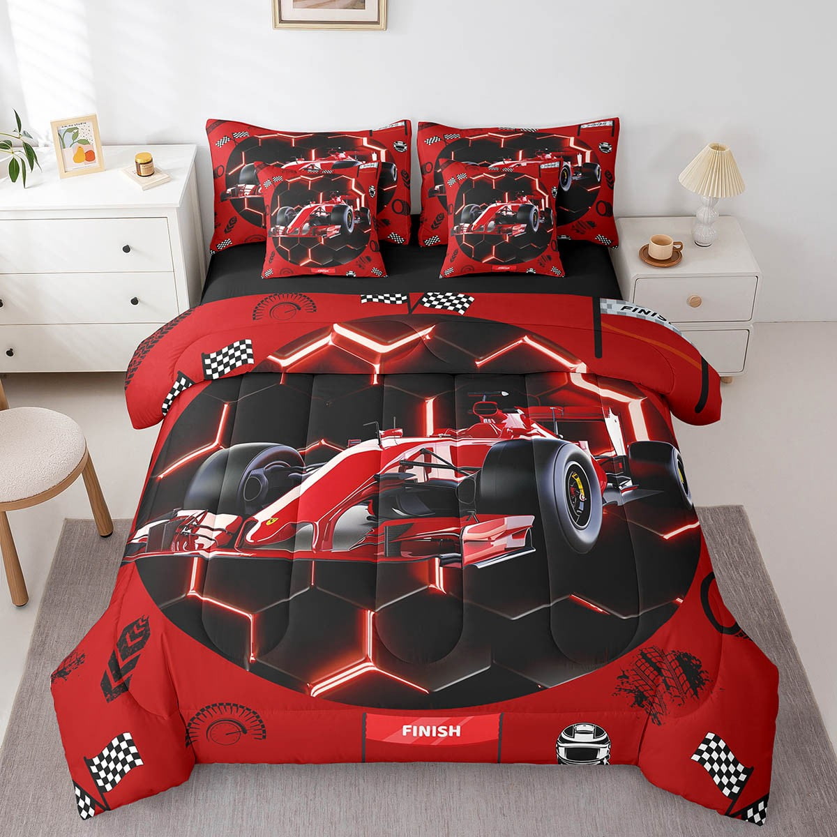 7 Piece Red Race Car Comforter Set Queen Neon Honeycomb Racing Car ...