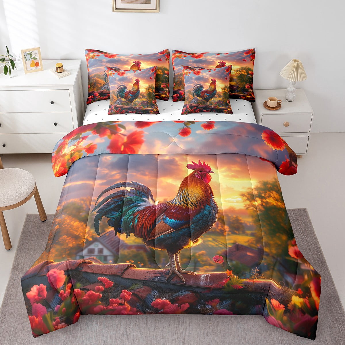 YST 7 Piece Rooster Bed In A Bag Twin,3D Chicken Comforter Set,Retro ...