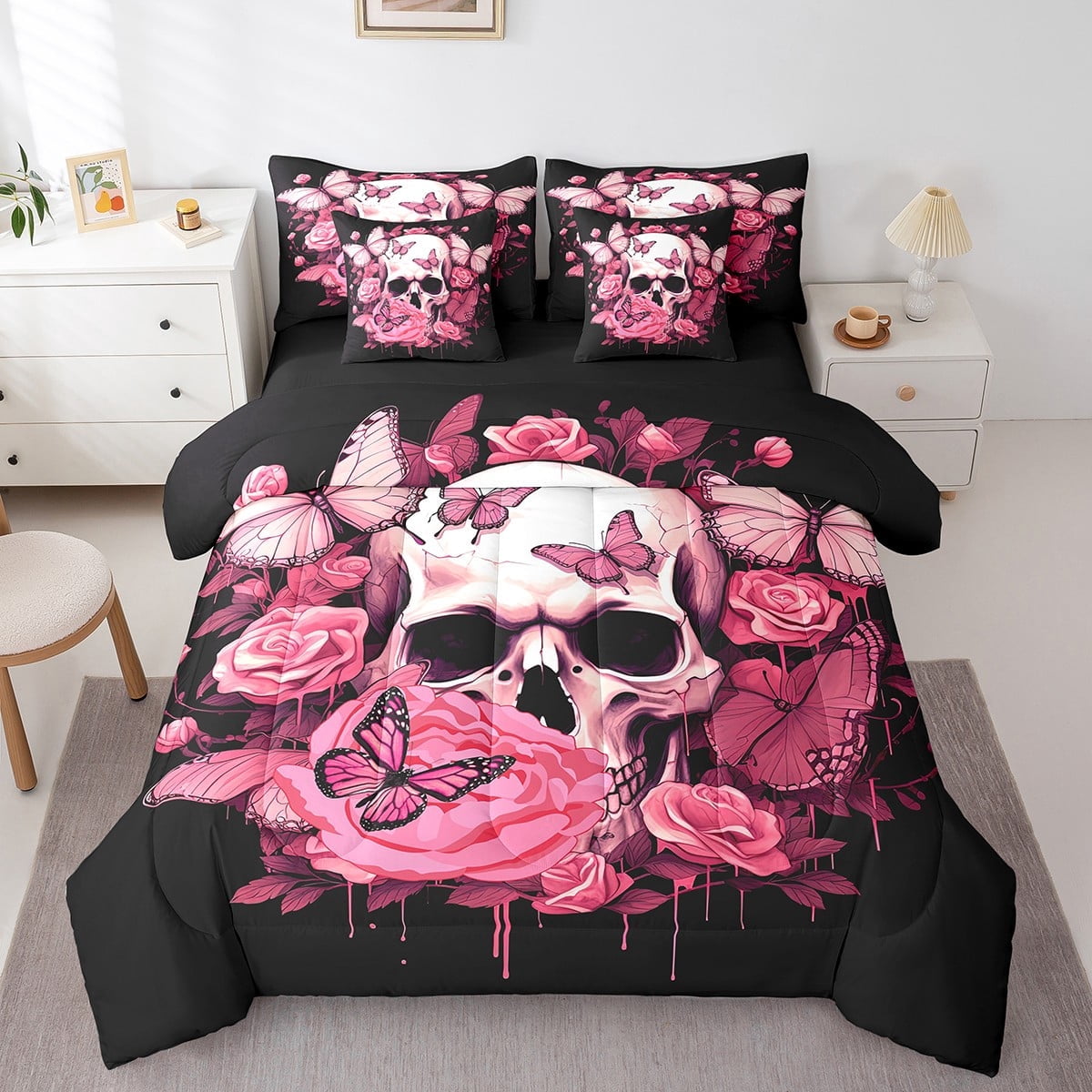 7 Piece Rose Skull Comforter Set King Size,Gothic Bed In A Bag Women ...