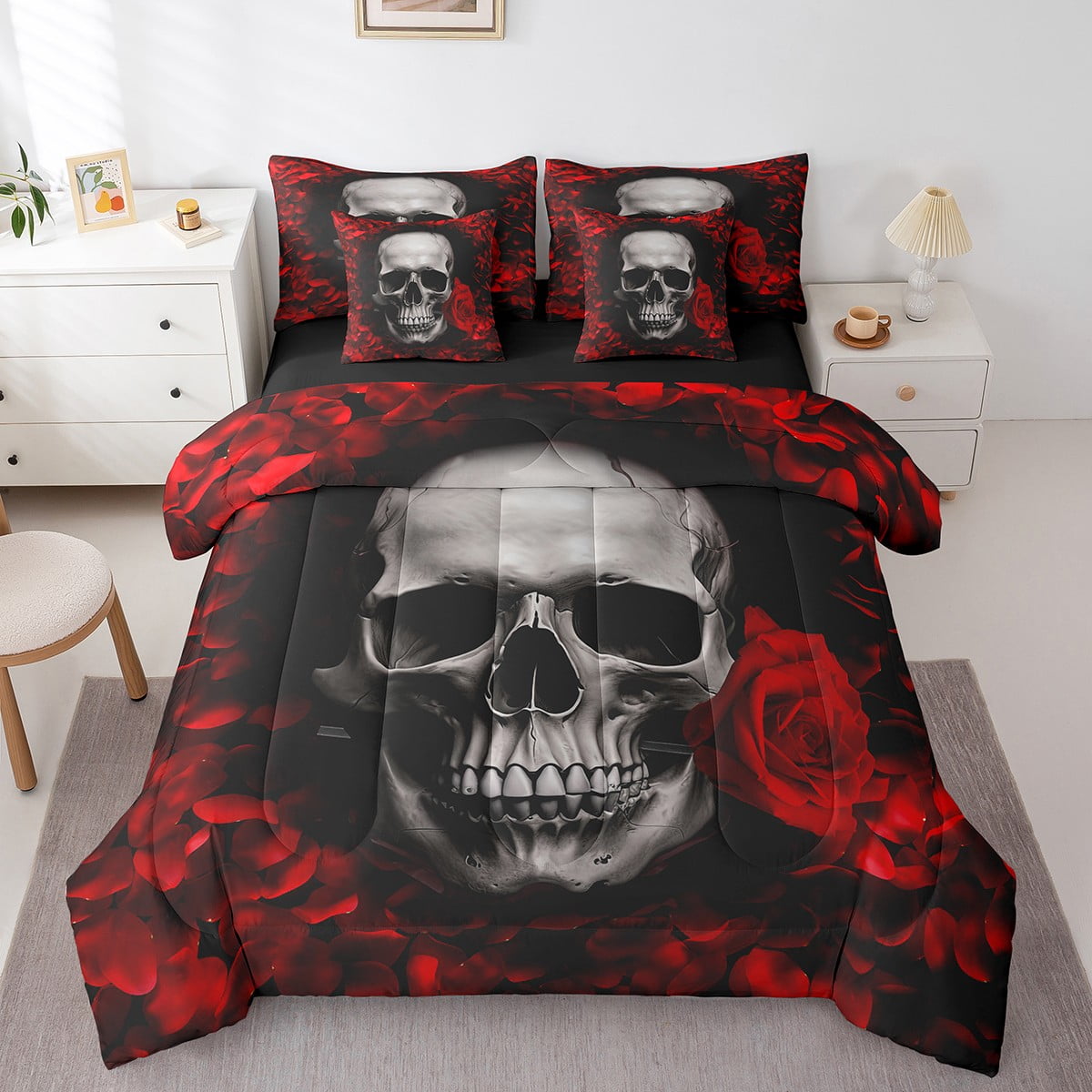 YST 7 Piece Rose Skull Comforter Set Twin Size,Red Black Gothic Bed In ...