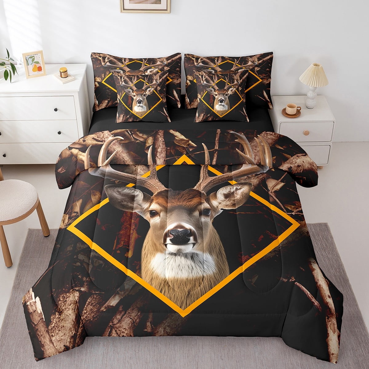 Erosebridal 7 Piece Rustic Deer Comforter Set King,Tree Branches Camo ...
