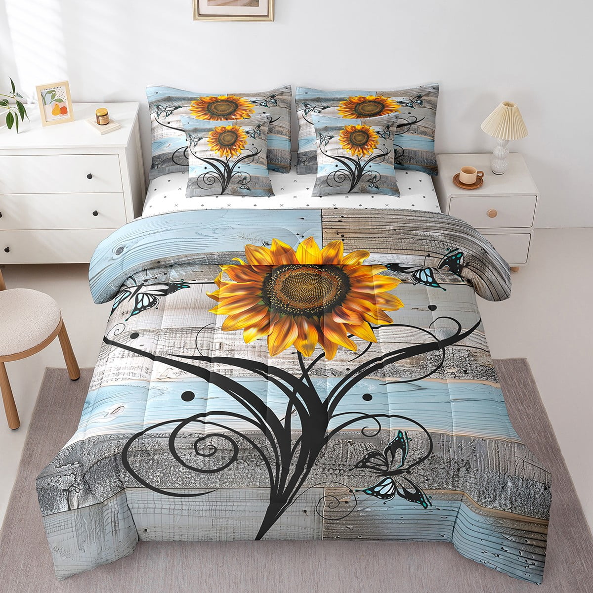 YST 7 Piece Rustic Sunflower Comforter Set Queen Size,Farmhouse ...