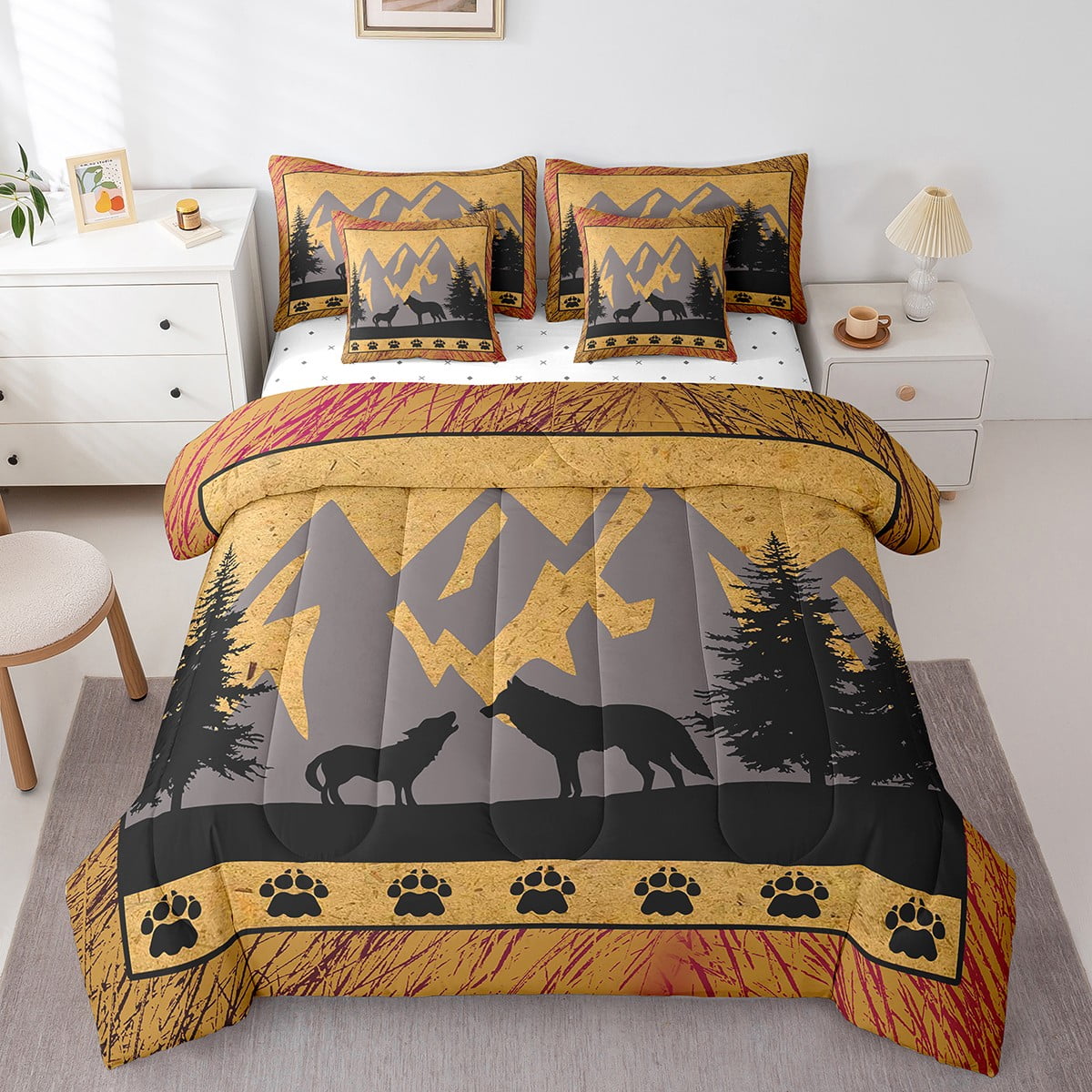 YST 7 Piece Rustic Wolf Bedding Set Twin Size For Boys, Hunting ...