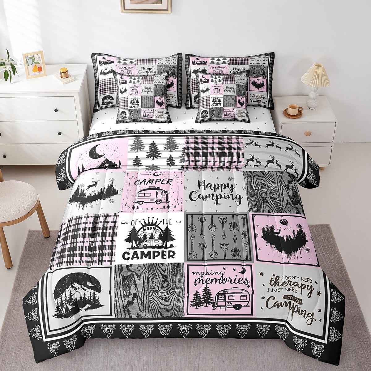 YST 7 Piece Rv Camper Full Comforter Set for Kids Girls,Happy Camping Bedding Set for Bunk ...