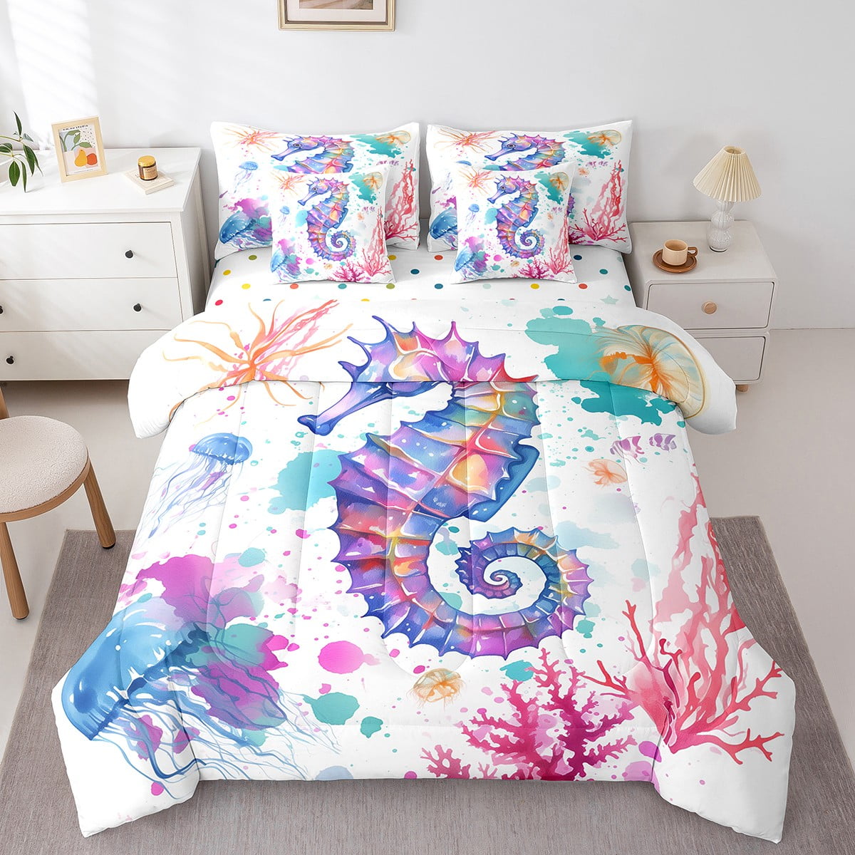 YST 7 Piece Seahorse Comforter Set Full,Watercolor Ocean Animal Bedding ...