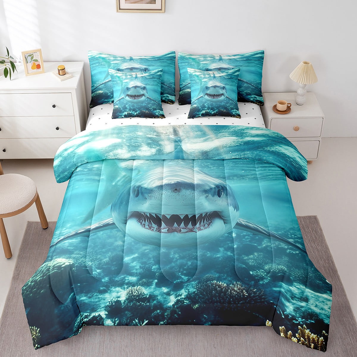 Erosebridal 7 Piece Shark Bed In A Bag Full 3D Shark Comforter Set ...