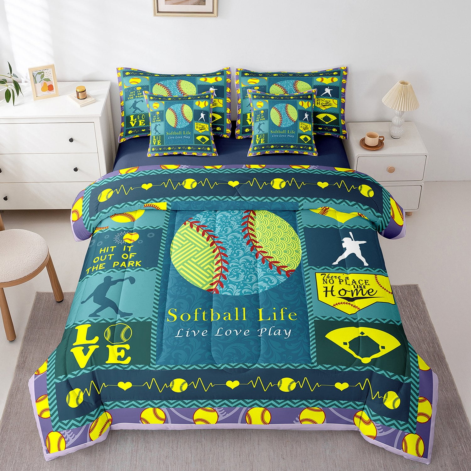 YST 7 Piece Softball Full Comforter Set with Sheets for Girls Women ...