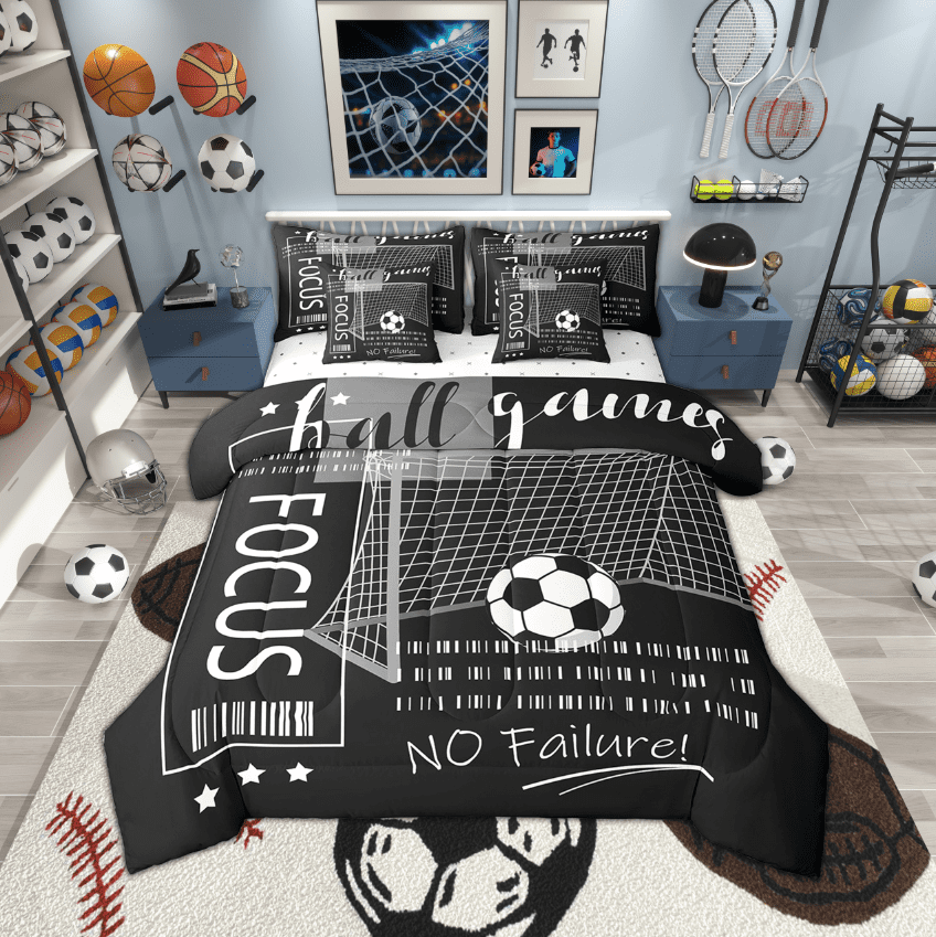 7 Piece Twin Size Football Bedding Set ,Black and White Sports ...