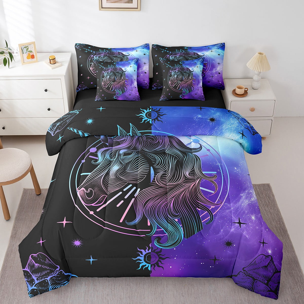 7-Piece Unicorn Comforter Set Queen for Teen Women, Black Blue Unicorn Bedding Boho Sun and Moon ...