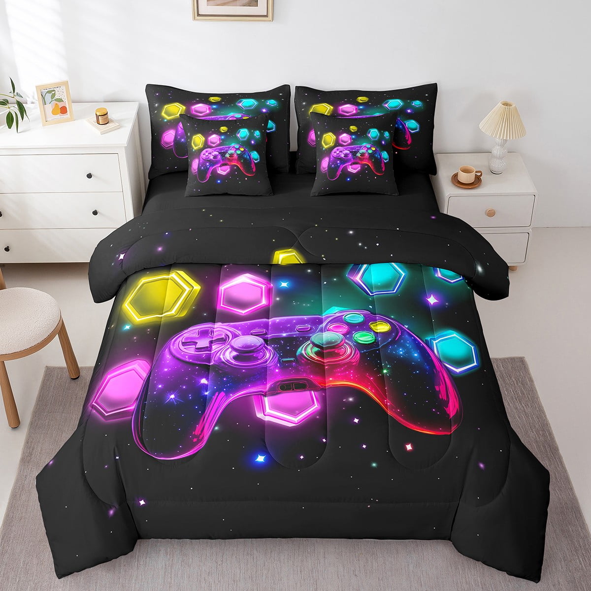 YST 7 Piece Video Game Gamer Bed In A Bag,Modern 3D Game Bedding Sets Queen Size for Kids Boys ...