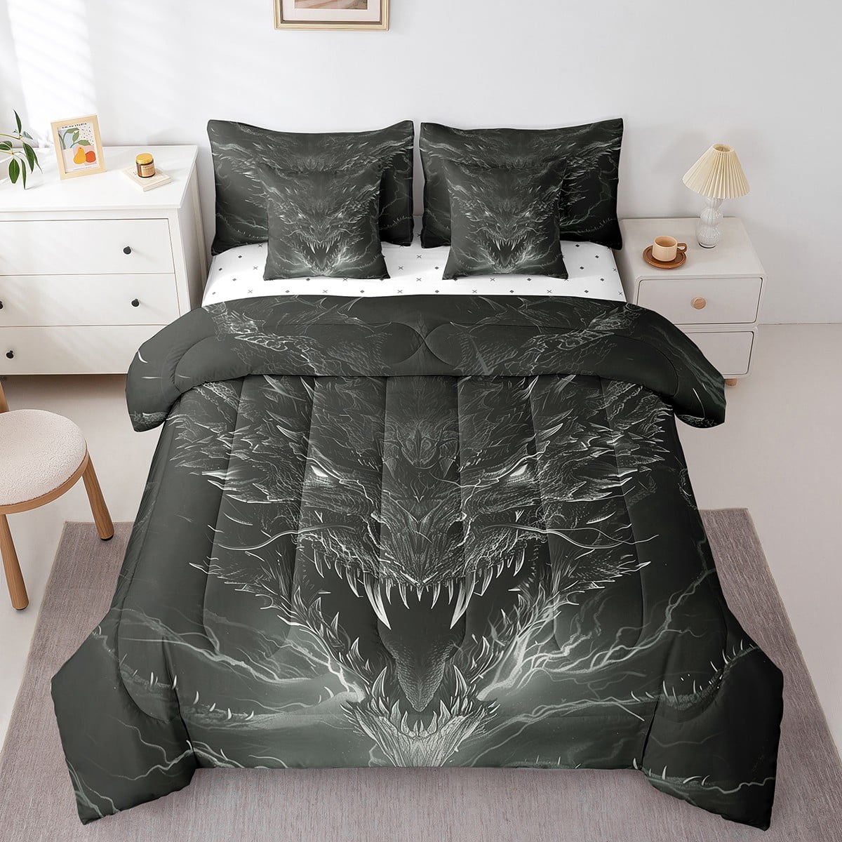YST 7 Piece Western Dragon Comforter Set Full Black Gray Fantasy Dragon ...