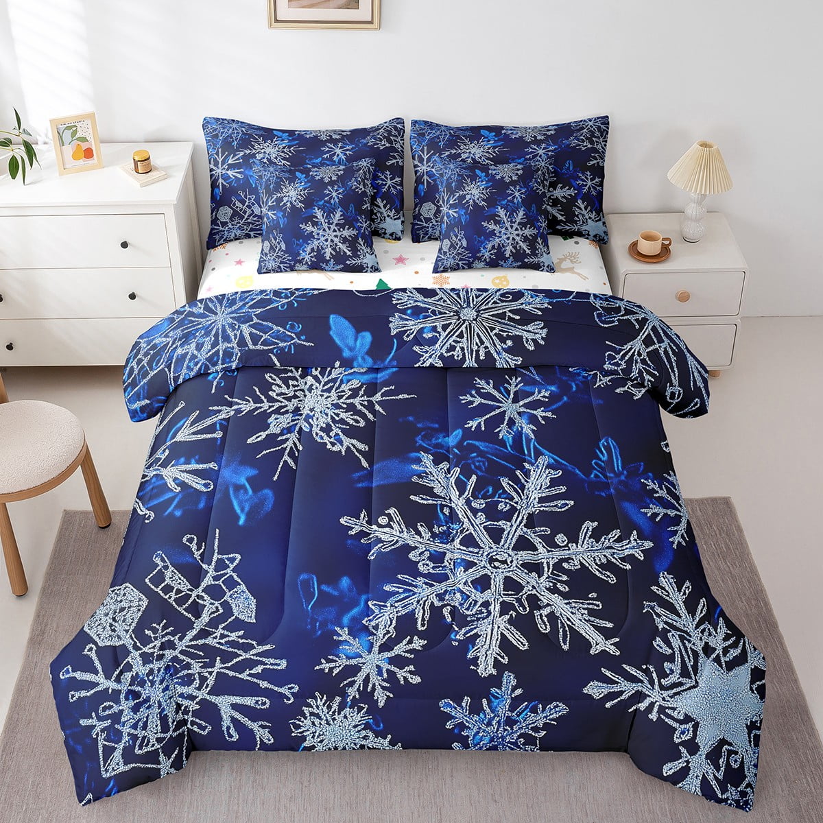 7 Piece White Blue Snowflake King Comforter Set with Sheets,Winter ...