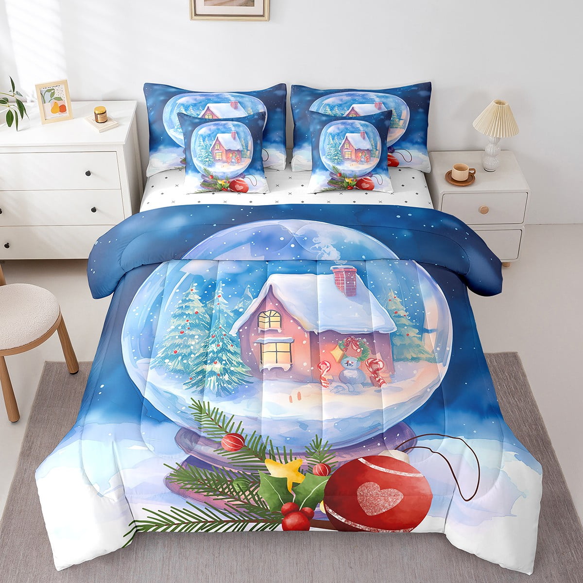 YST 7 Piece Winter Snow Twin Comforter Set with Sheets,Christmas Decorations Pine Tree Bedding ...