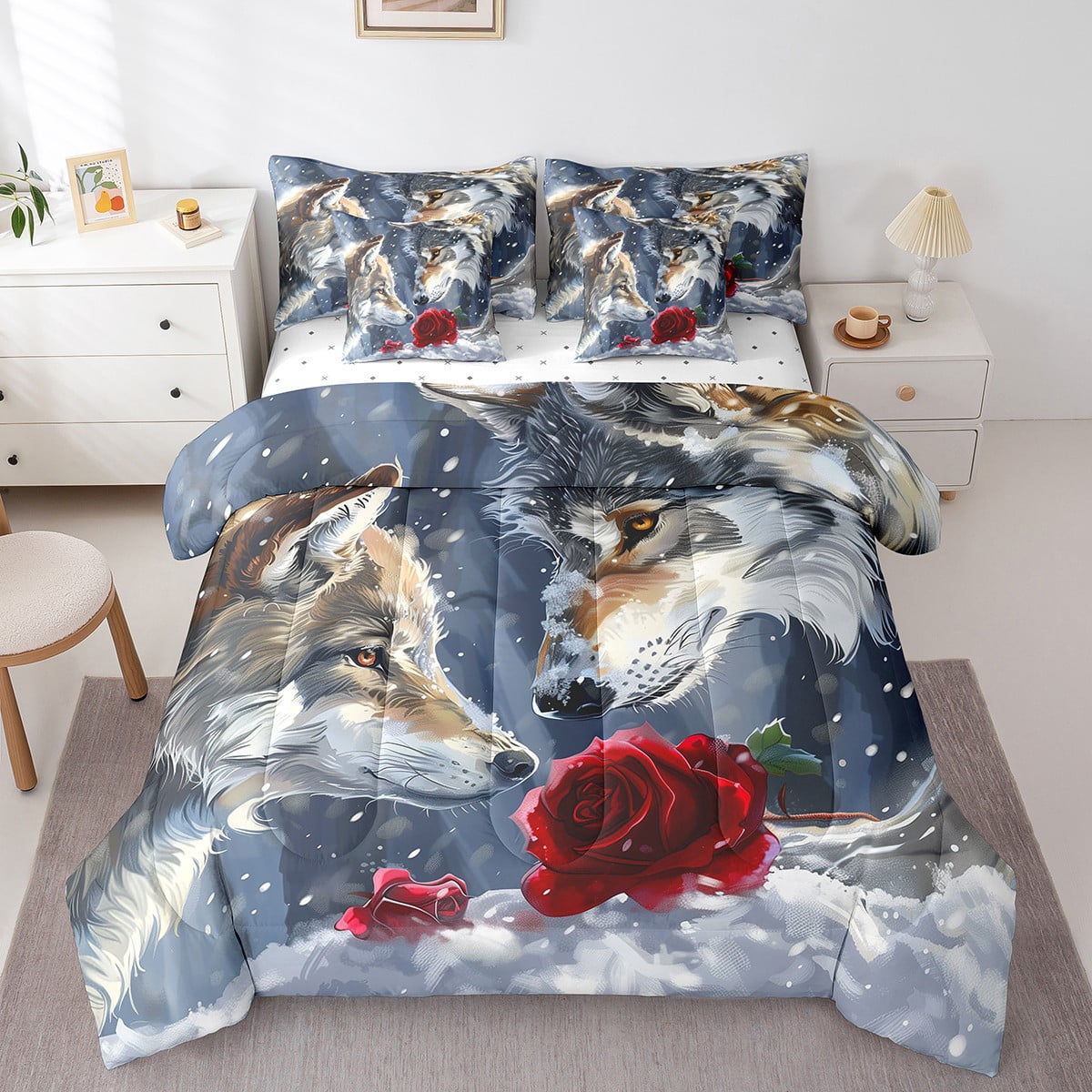 7 Piece Wolf Comforter Set Queen Red Rose Floral Wolf Bed in a Bag with ...