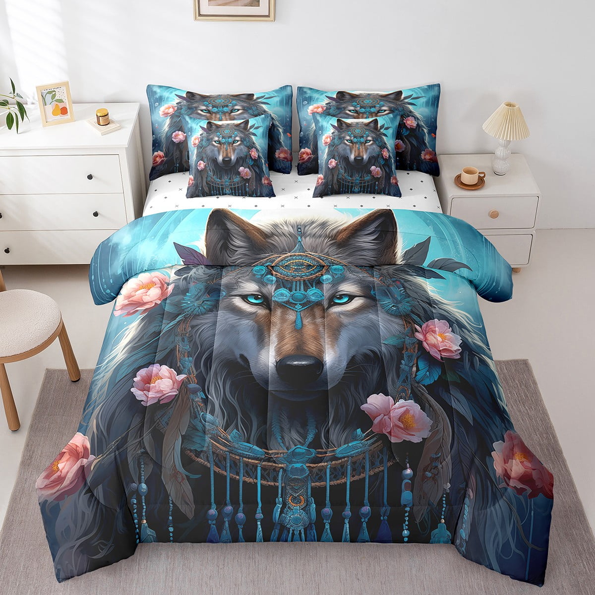 7 Piece Wolf Full Bed in a Bag with Sheets,Pink Flowers Indian Wolf ...