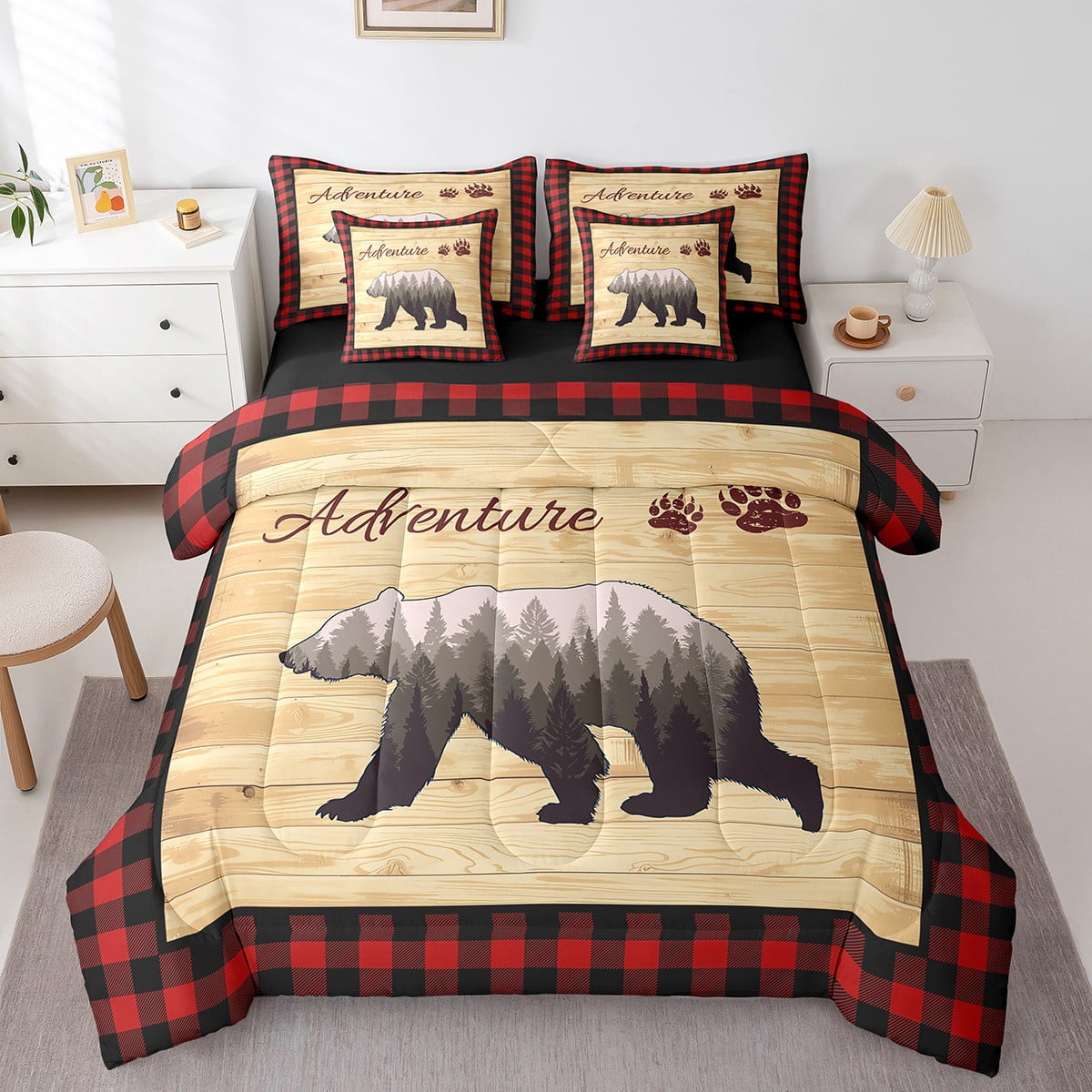 7 Piece Woodland Bear Bed in a Bag Full Rustic Cabin Bear Comforter Set ...