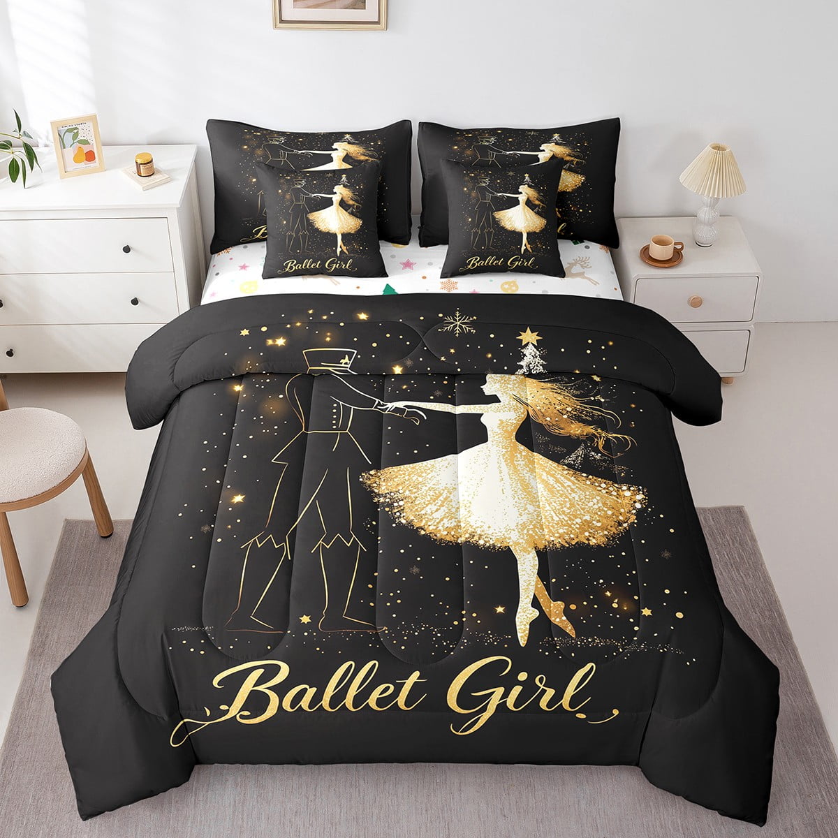 YST 7 Piece Xmas Nutcracker Twin Bedding Set,Black and Gold Christmas ...