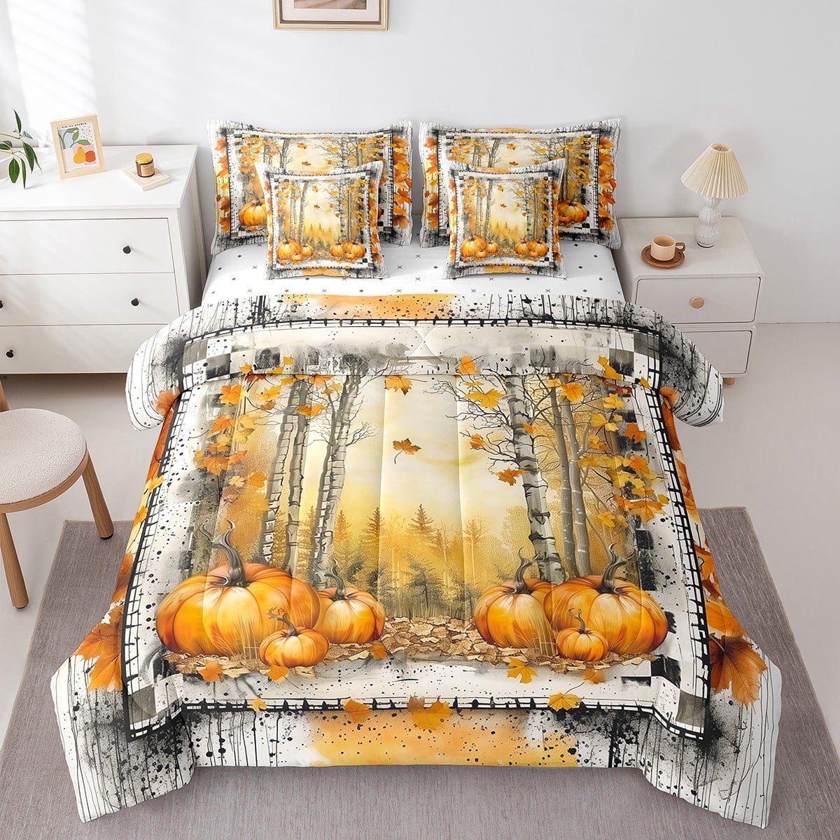 YST 7 Pieces Autumn Decor Bedding Twin Size Harvest Pumpkin Comforter ...