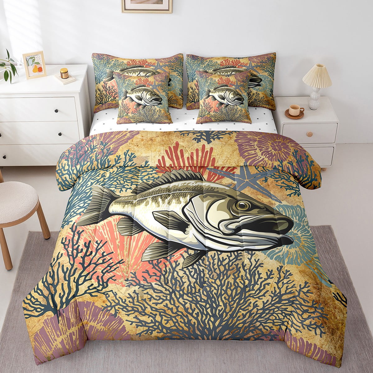 7 Pieces Big Pike Fish Comforter , Hunting Fishing Fitted Sheet King ...