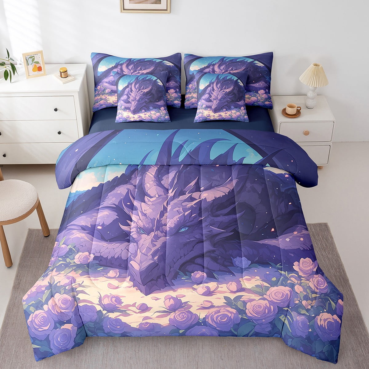 7 Pieces Dragon Bed Sets Twin With Loong Comforter And Sheets - Rose ...