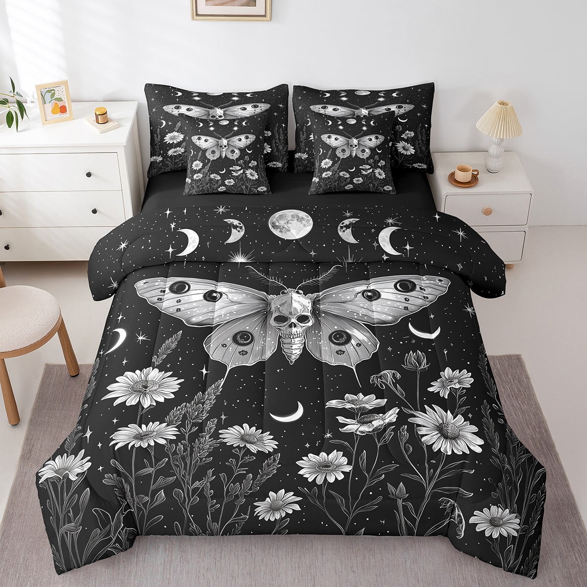 7 Pieces Full Gothic Moth Bedding Sets Teens,Bohemian Trippy Sun Moon ...