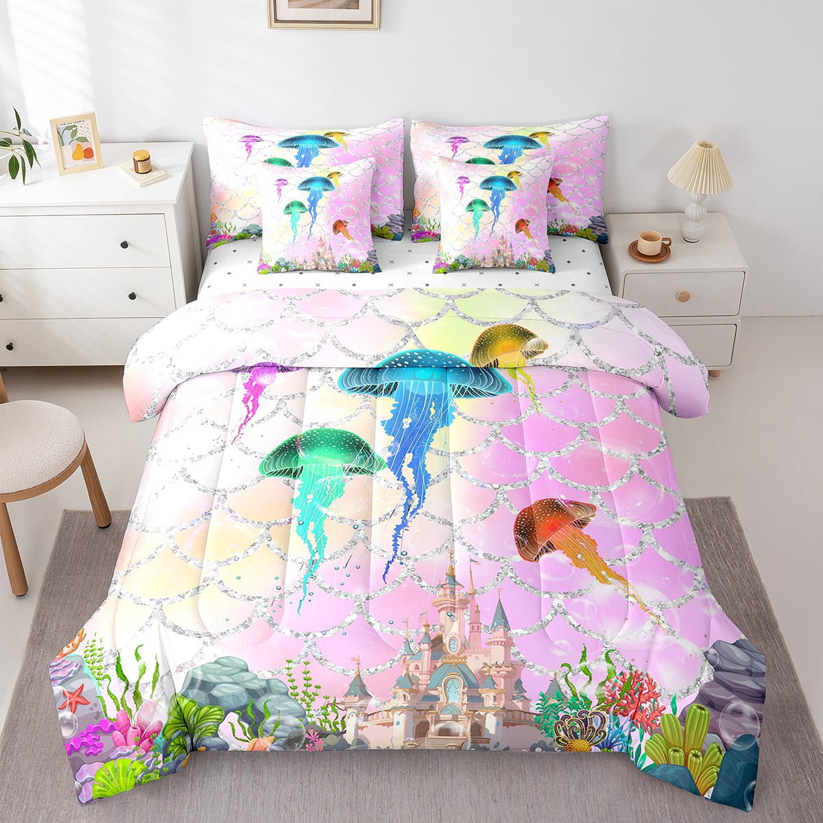 Erosebridal 7 Pieces Mermaid Scale Bedding Sets King Size, Jellyfish ...