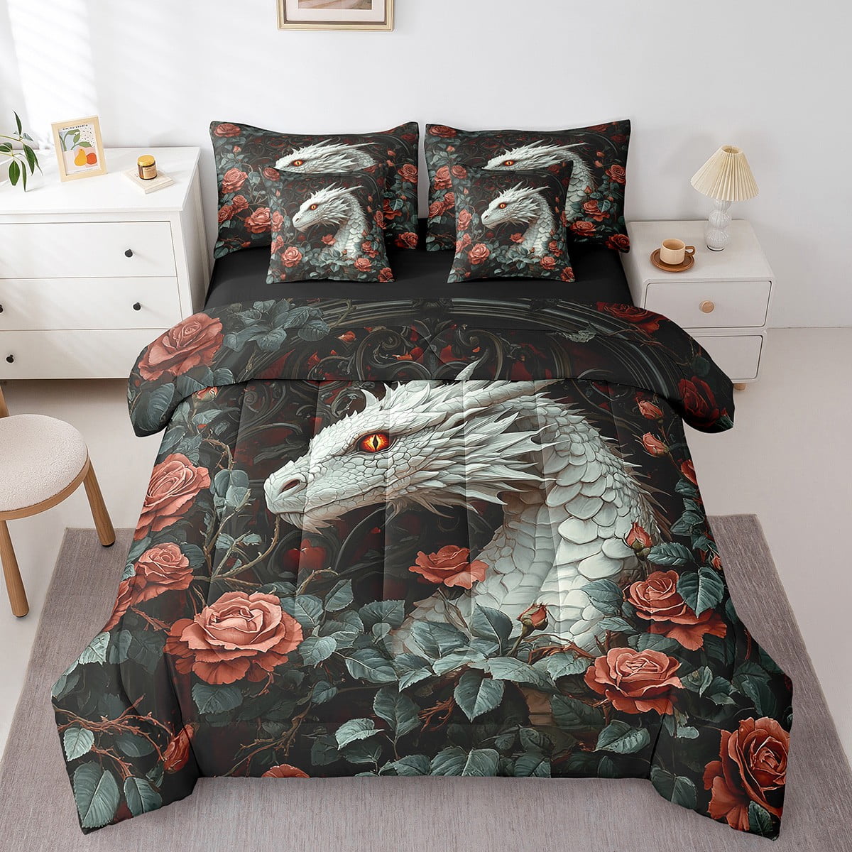 7 Pieces Queen Dragon Bedding Sets , 3D Animal Theme Comforter Set, Red ...